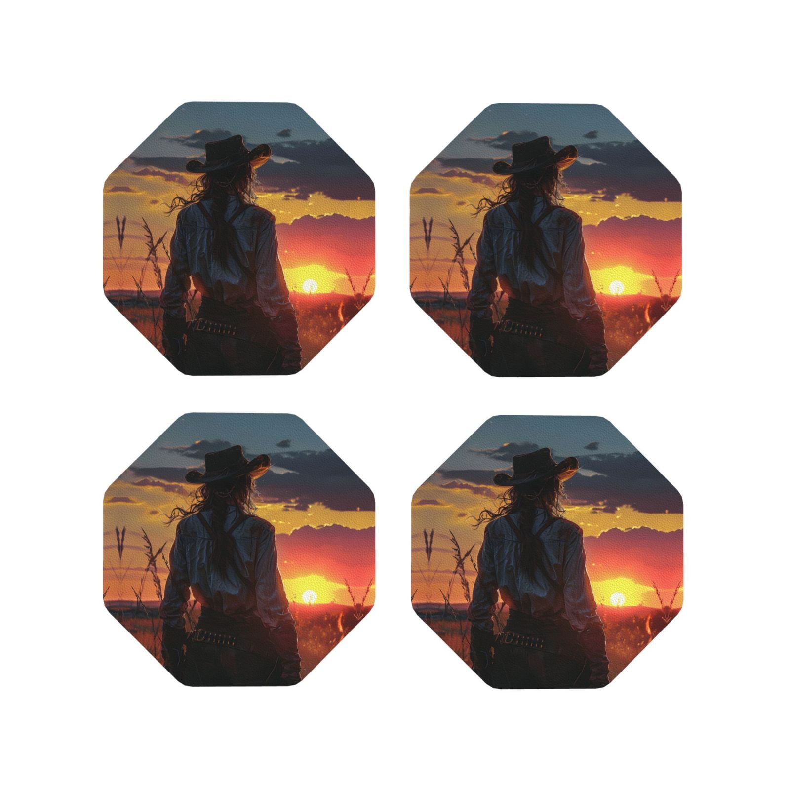 Drink Coasters, Sunset Western Cowgirl -PVC Leather Coasters Sets of 4 ...