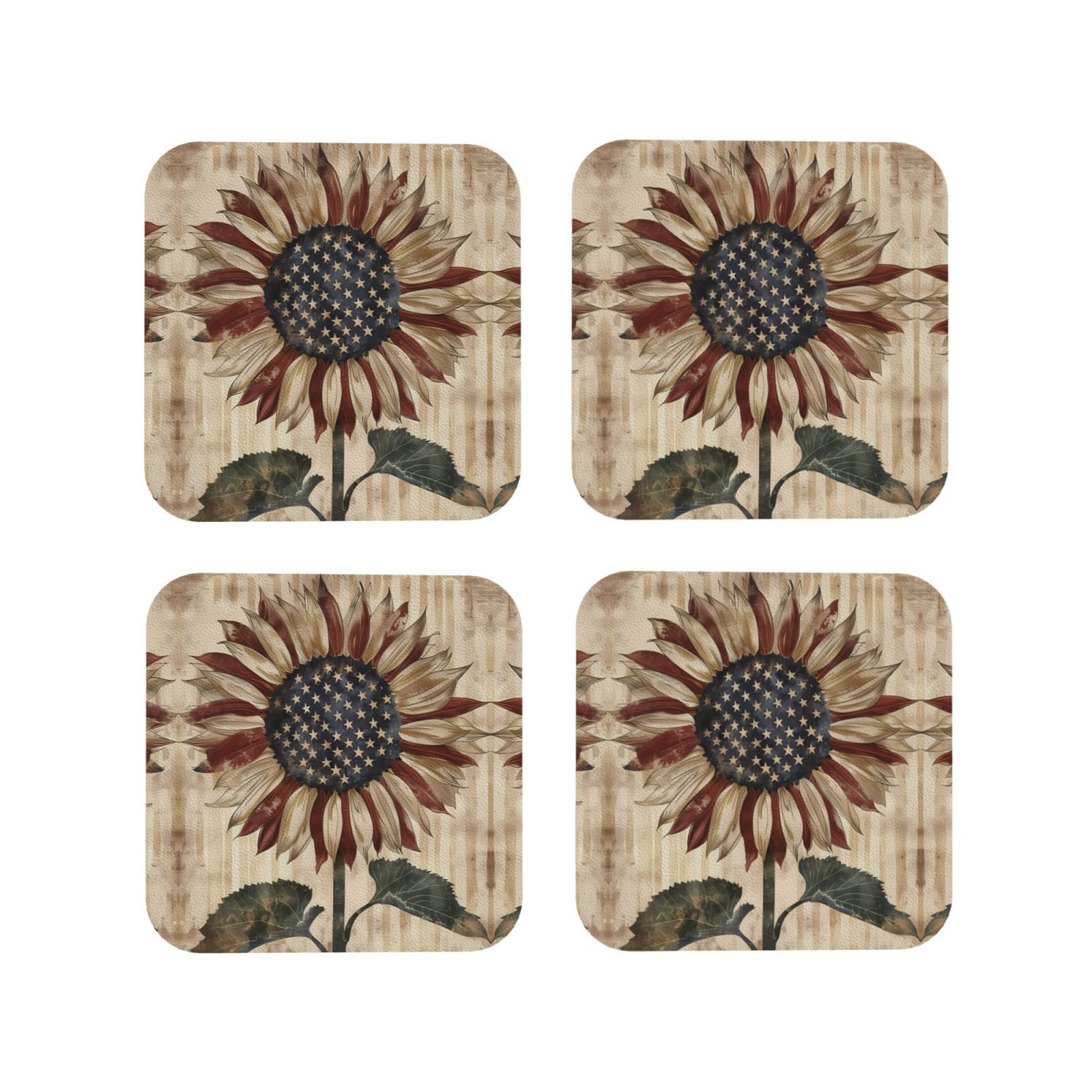 Drink Coasters, USA Sunflower Flag -PVC Leather Coasters Sets of 4 for ...
