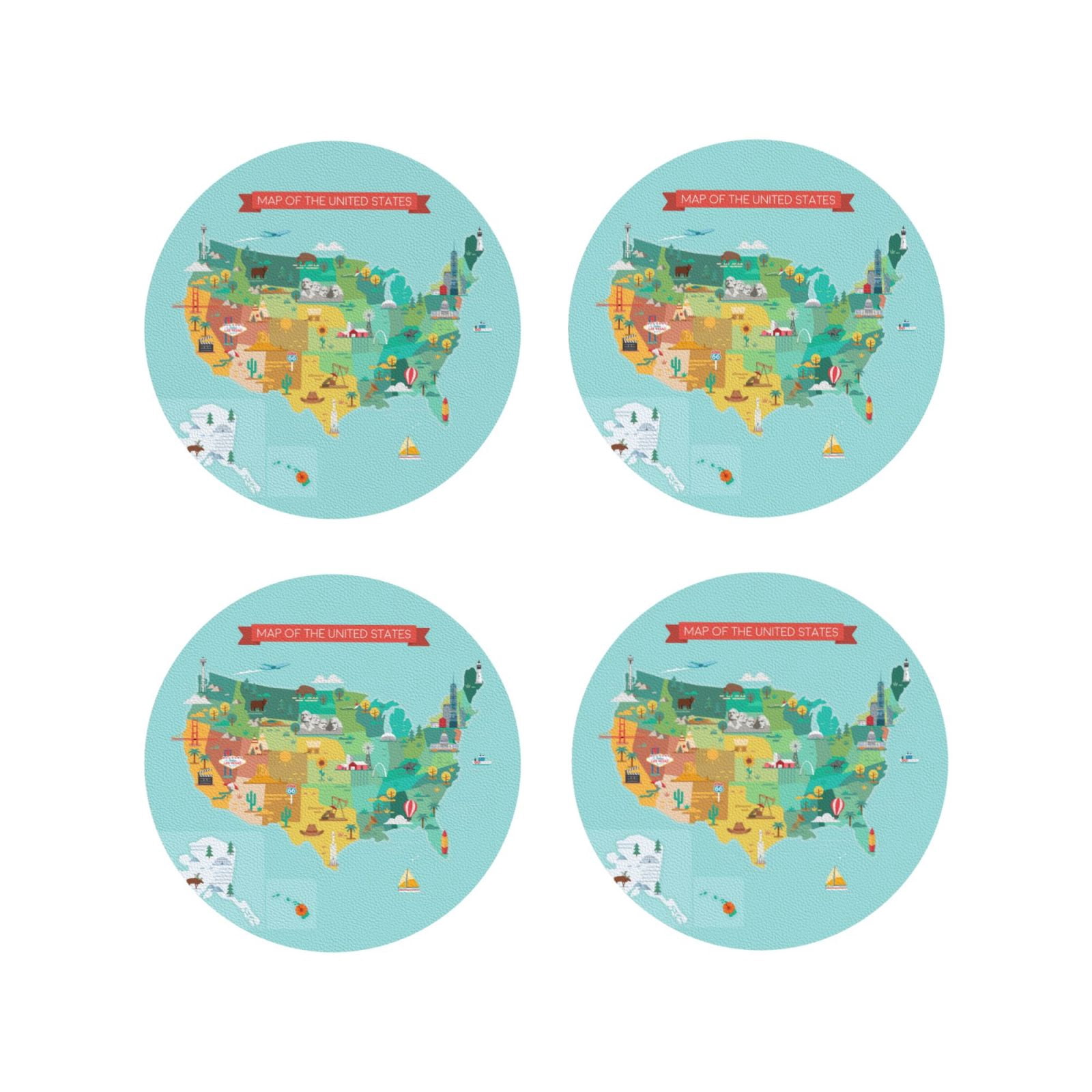 Drink Coasters, USA Tourist Map Famous Landmarks -PVC Leather Coasters ...