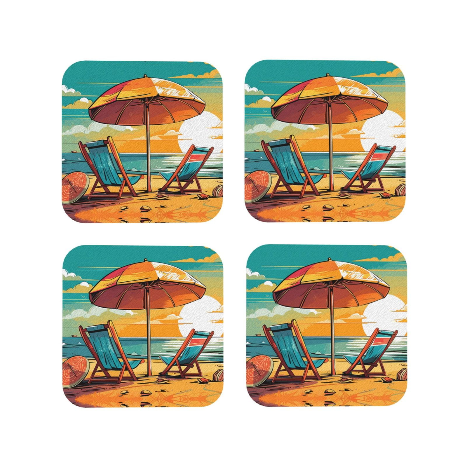 Drink Coasters, Vintage Beach Sunset -PVC Leather Coasters Sets of 4 ...