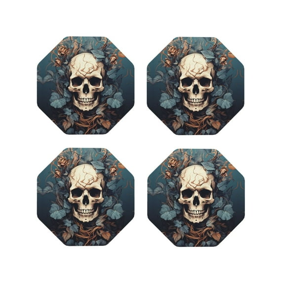 Drink Coasters, Vintage Leaf Flower Skull -PVC Leather Coasters Sets of ...