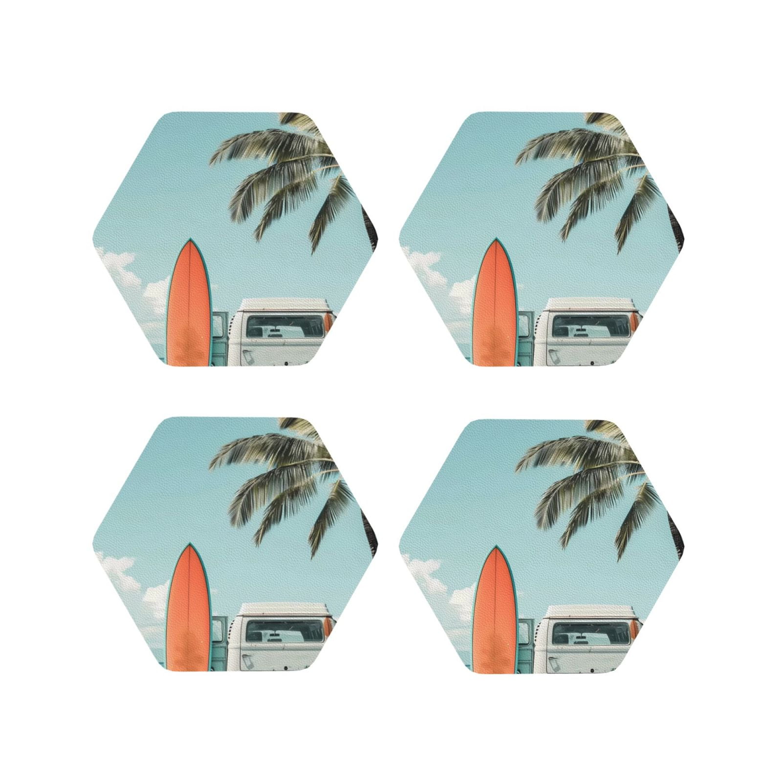 Drink Coasters, Vintage Surf Van Beach -PVC Leather Coasters Sets of 4 ...