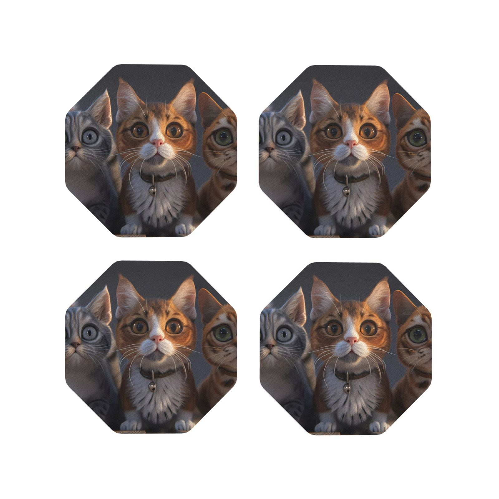Drink Coasters, Wide Eyed Cartoon Cats -PVC Leather Coasters Sets of 4 ...