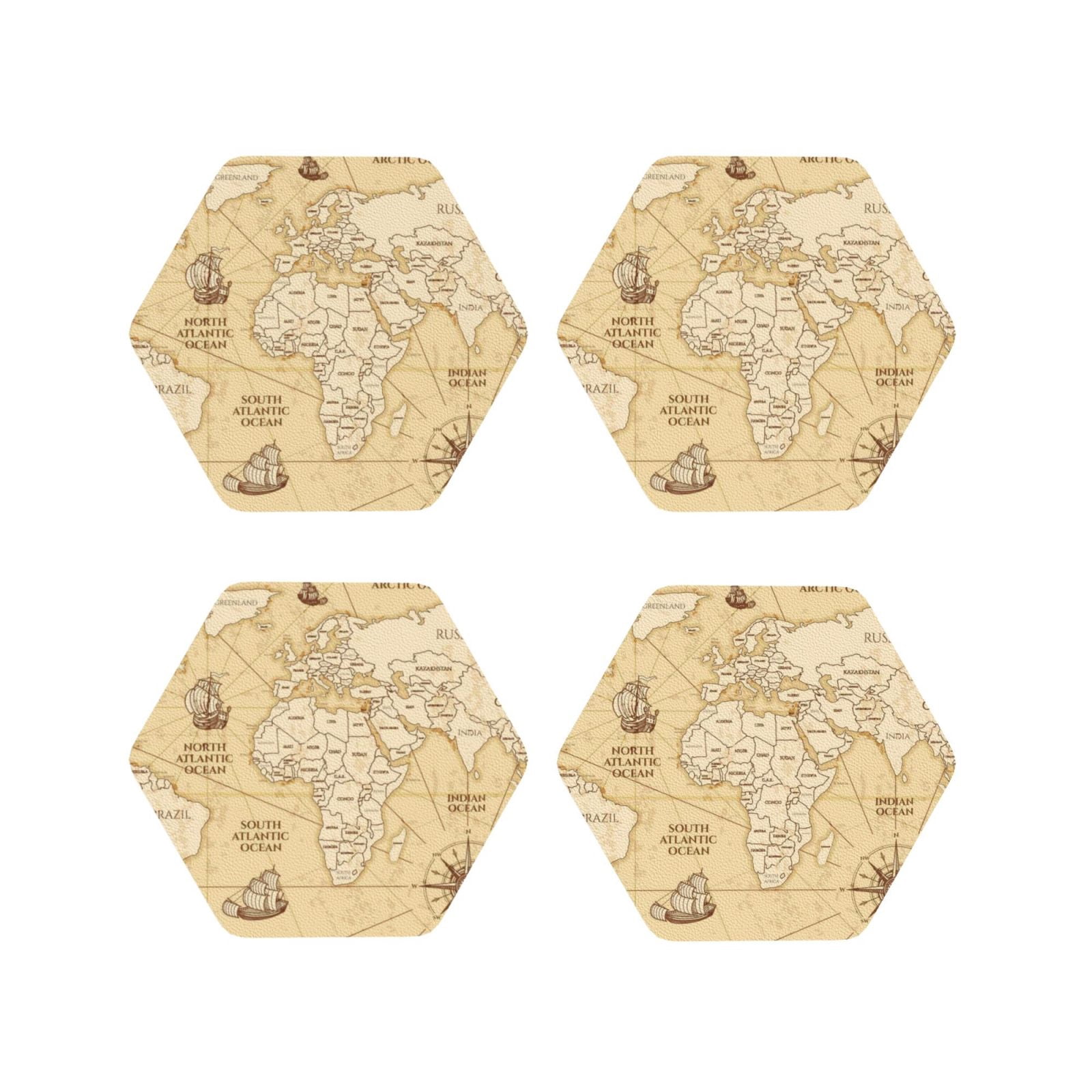Drink Coasters, World Map -PVC Leather Coasters Sets of 4 for Tabletop ...