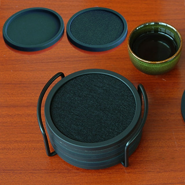Silicone Beverage Drink Coasters Set of 6 with Holder, Absorbent, Black ...