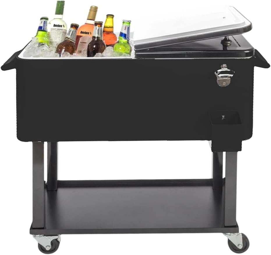 Drink Cooler Cart Portable Rolling Patio Cooler Trolley 80 Quart with ...