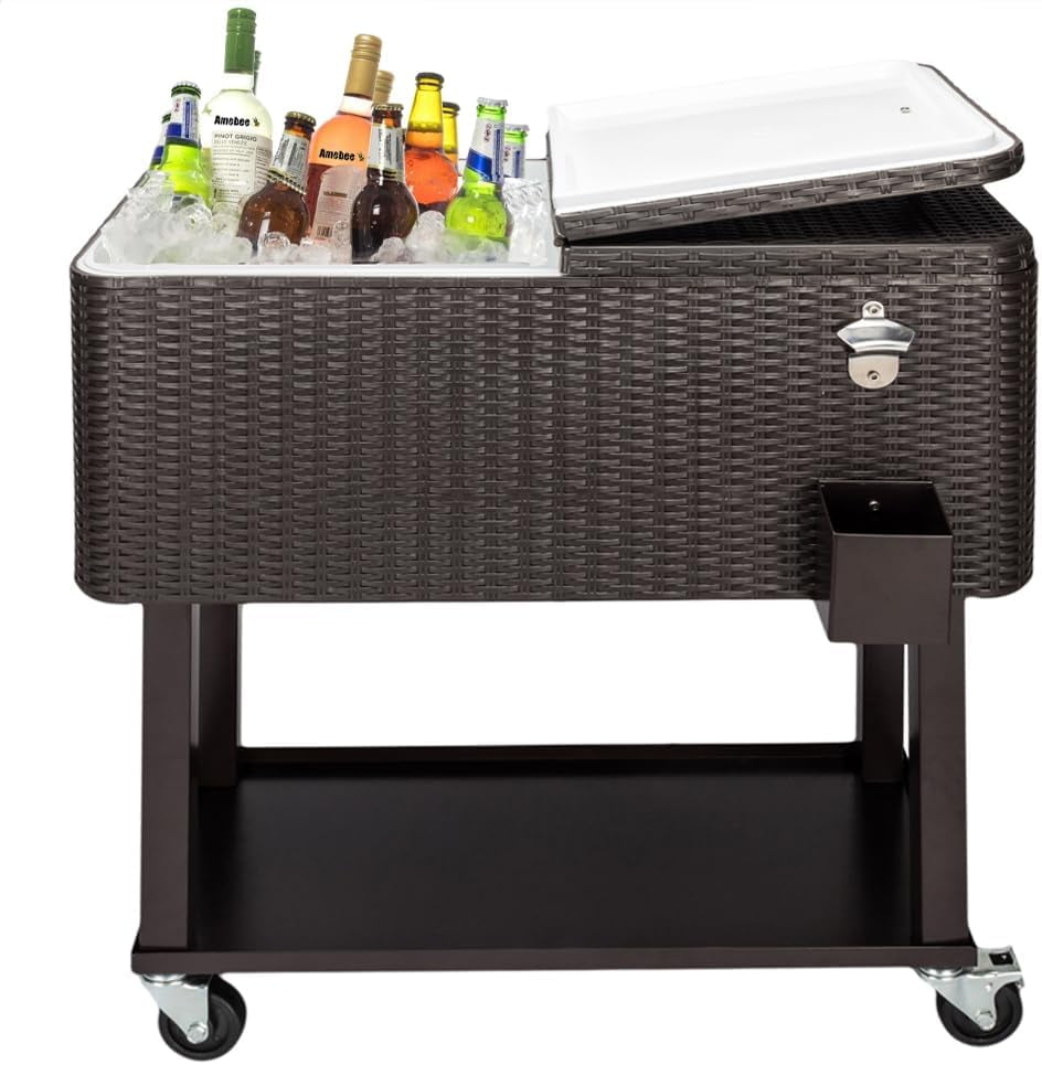 Drink Cooler Cart Portable Rolling Patio Cooler Trolley 80 Quart with ...