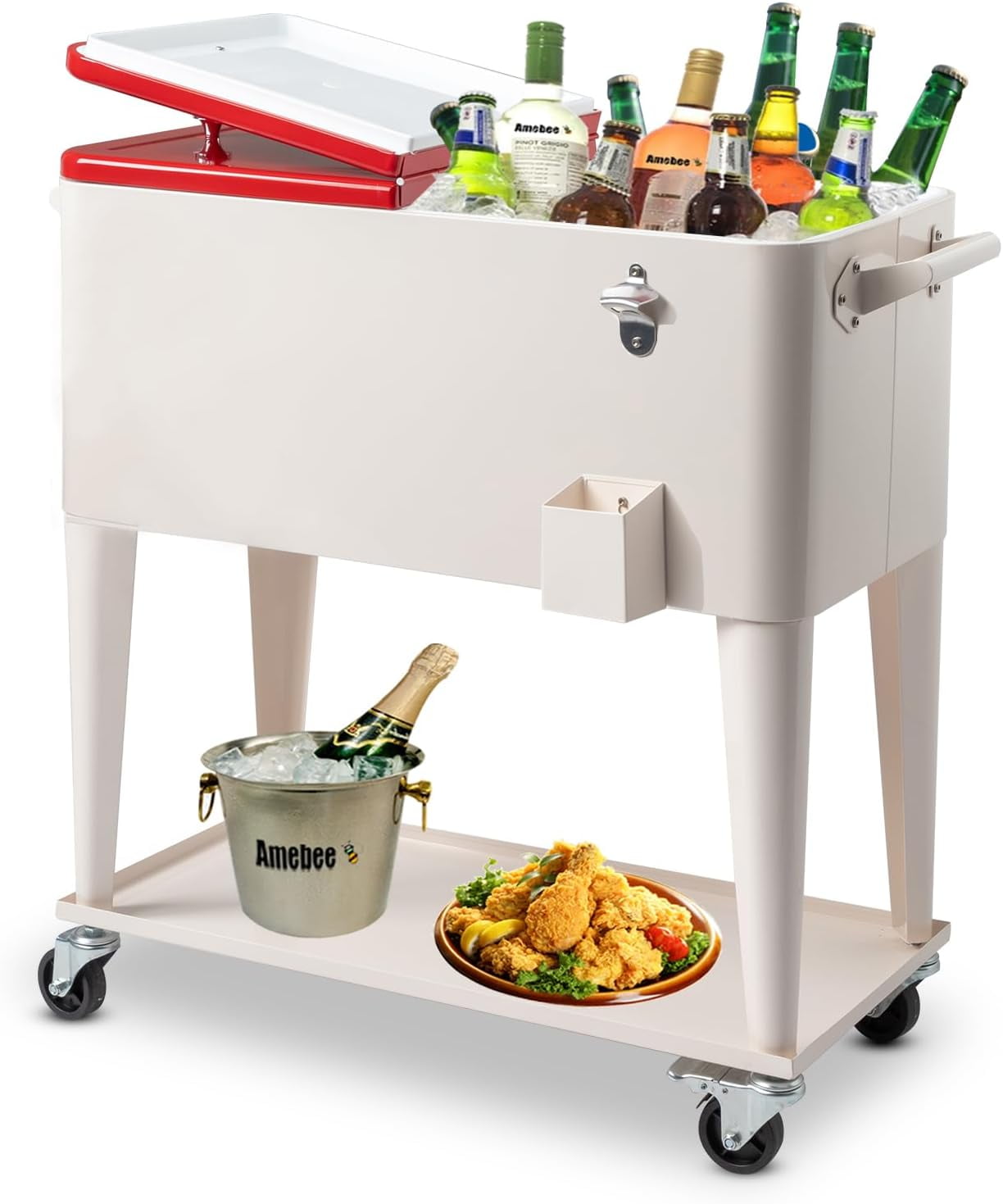 Drink Cooler Cart Portable Rolling Patio Cooler Trolley 80 Quart with ...