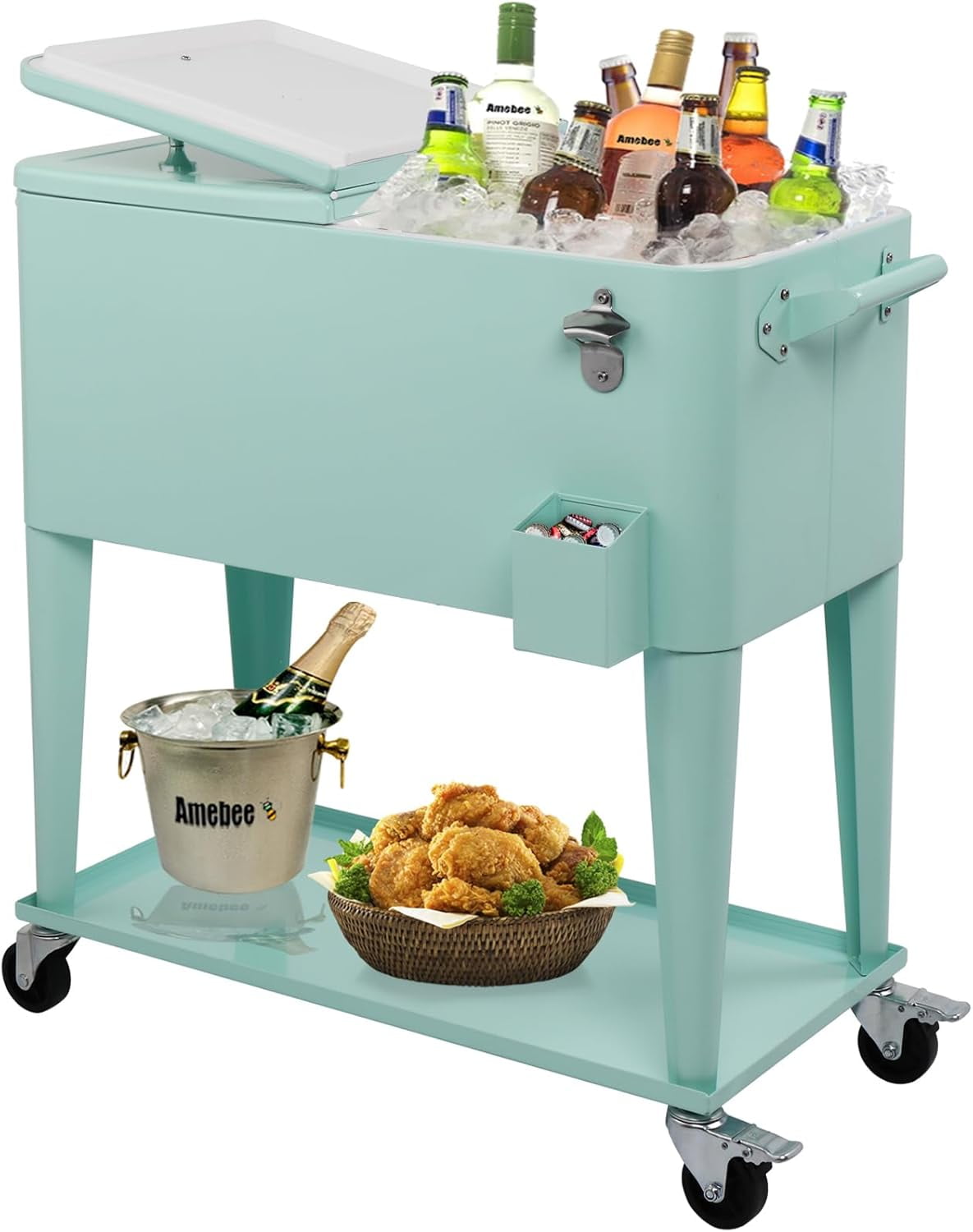 Drink Cooler Cart Portable Rolling Patio Cooler Trolley 80 Quart with ...