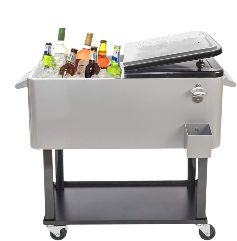 Drink Cooler Cart Portable Rolling Patio Cooler Trolley 80 Quart with ...