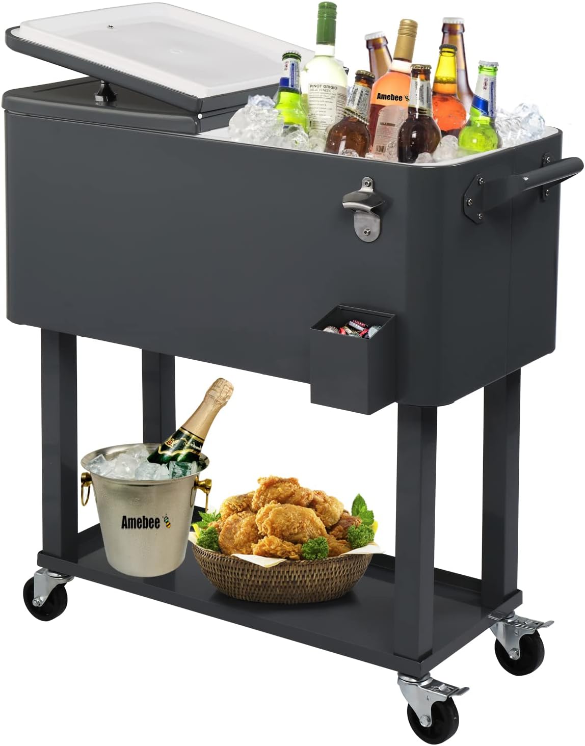 Drink Cooler Cart Portable Rolling Patio Cooler Trolley 80 Quart with ...