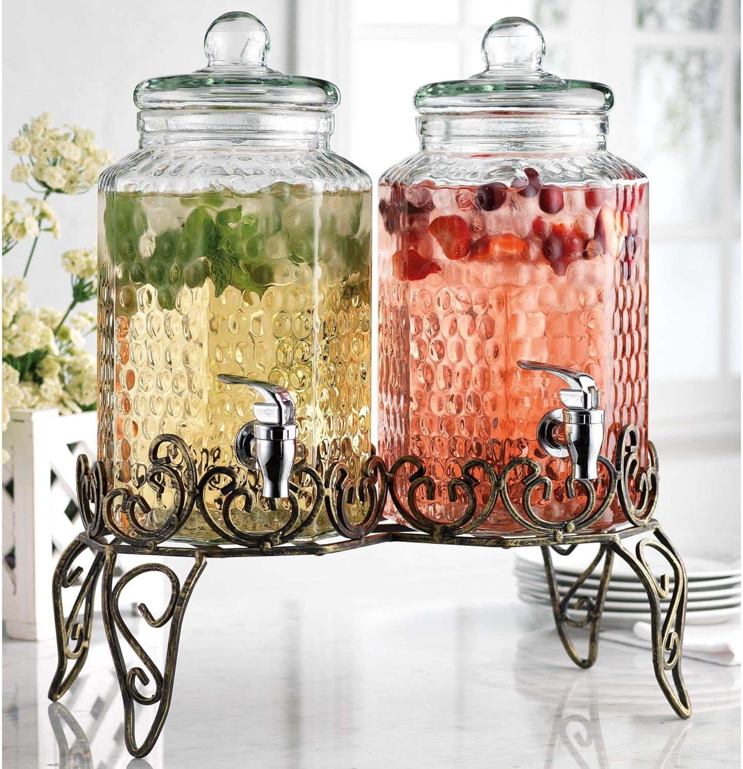 Drink Dispenser Set of 2 - Beverage Dispenser with Stand - Glass Drink Dispensers for Lemonade ...