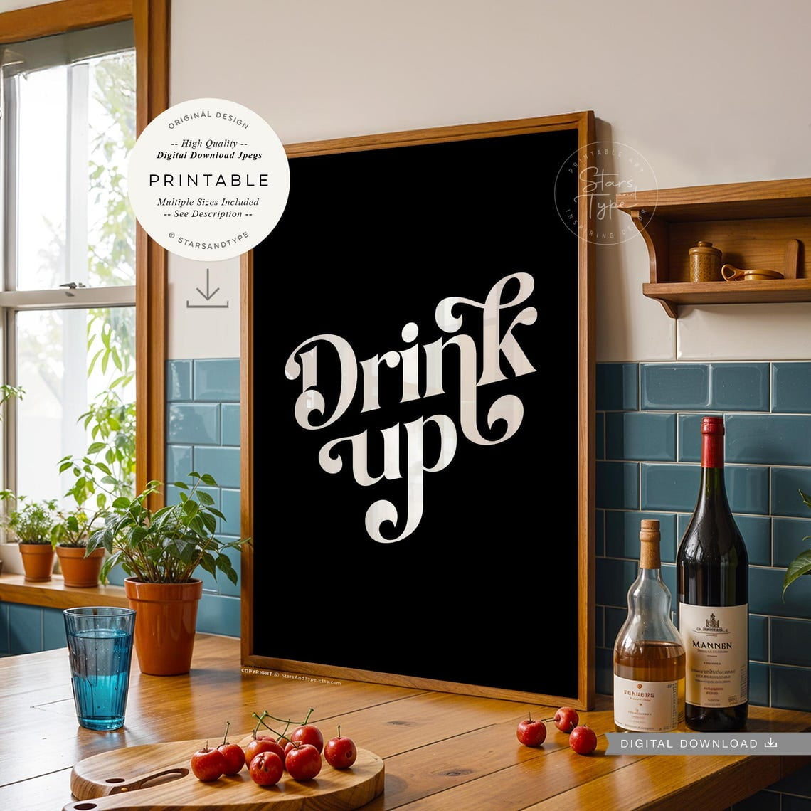 Drink Up Wall Art, Alcohol Quote, Bar Cart Drinks Trolley Kitchen Decor ...