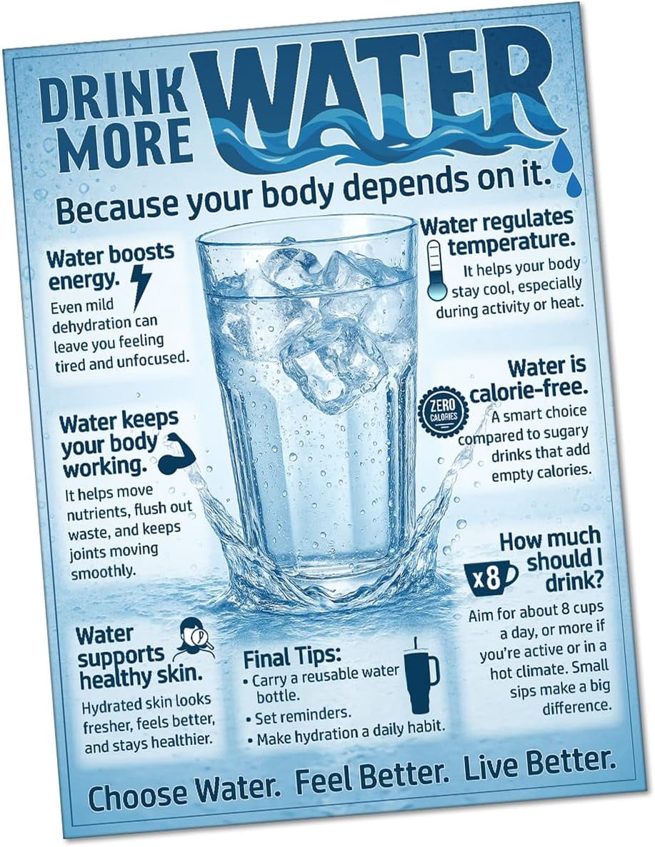 Drink More Water 18x24 Unframed Poster–Hydration Sign, Benefits ...