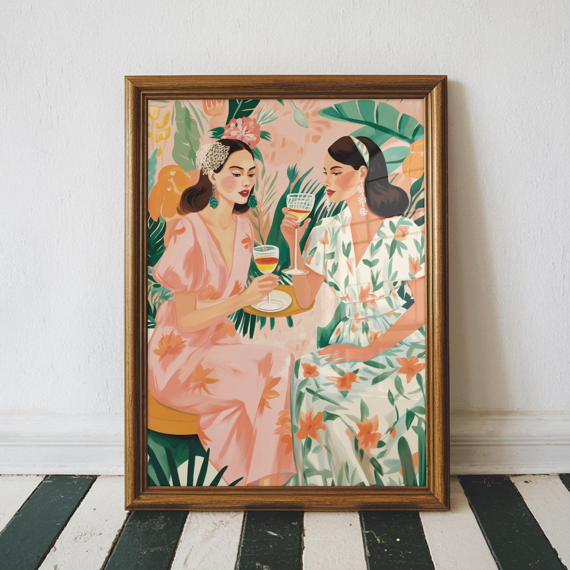 Drinking Girls Art Tropical Portrait Bar Cart Wine Lover Decor ...