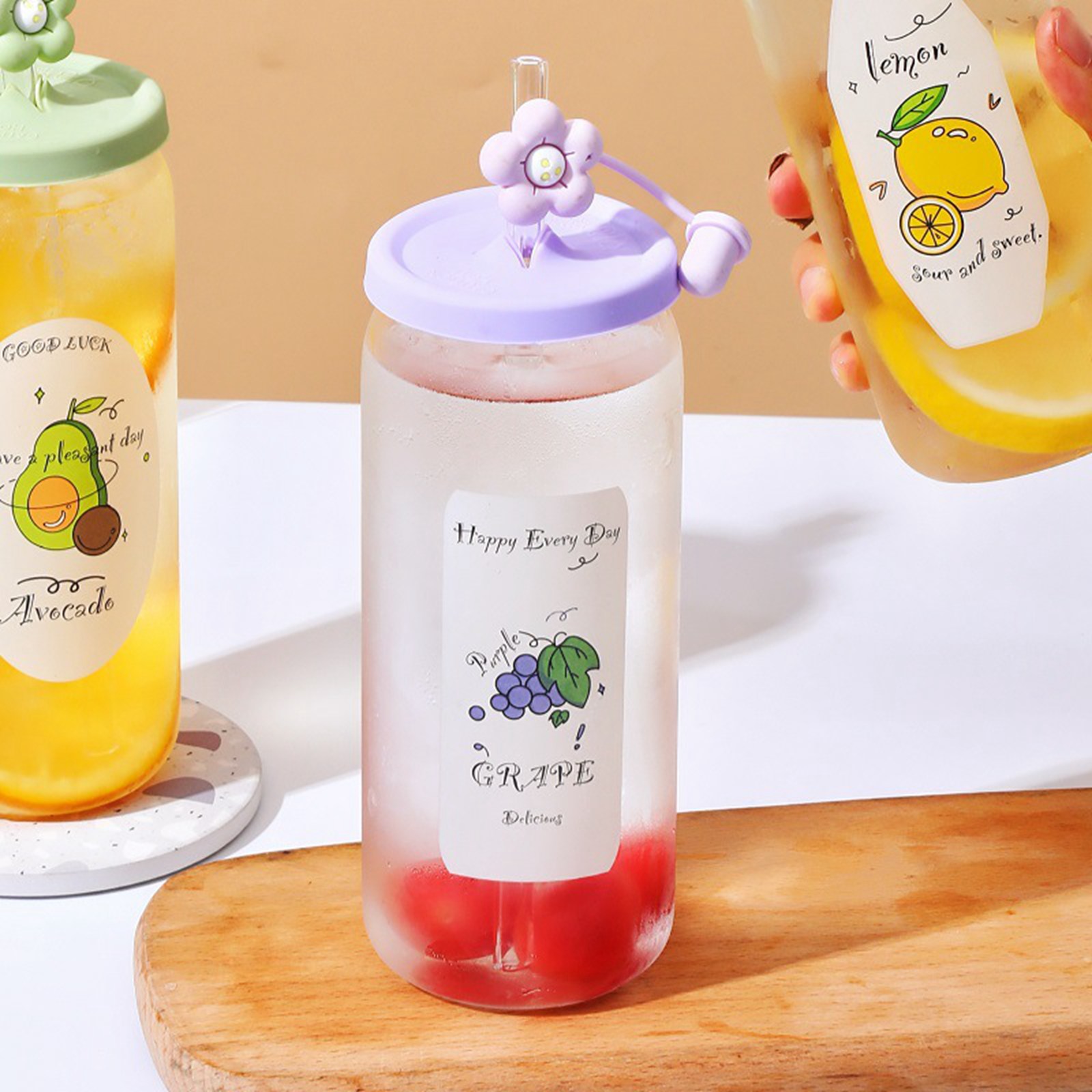 Drinking Glass with Lid, Driking Straw and Flower Straw Cover Cap - 16 Oz Can Shaped Glass Cups ...