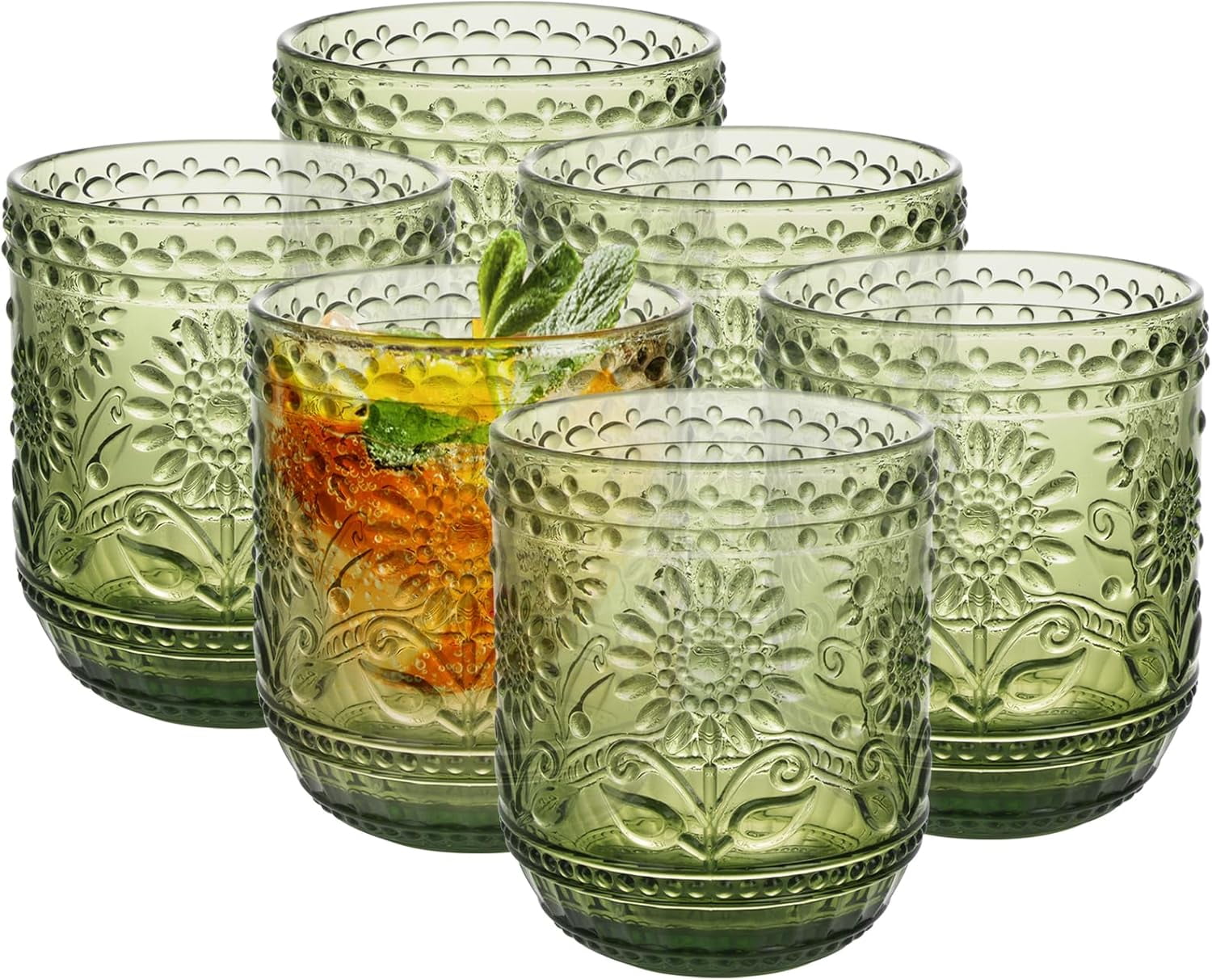 Drinking Glass Set of 6,12 oz Embossed Floral Decorative Glassware Set ...