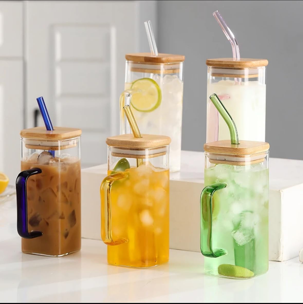 Drinking Glasses, with Bamboo Lid and Set, 13.5Oz(403ml) Square Cup ...