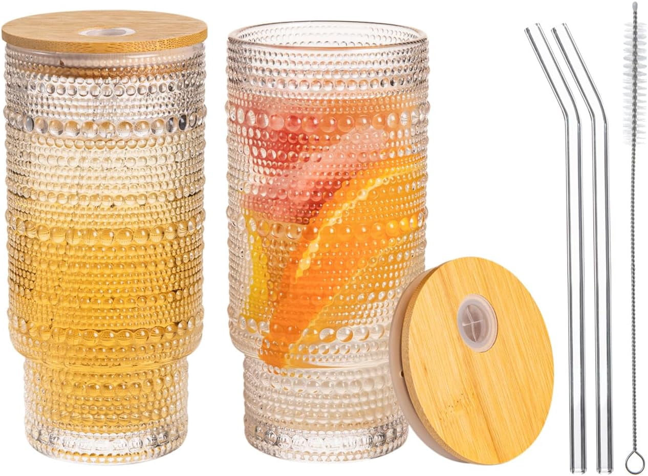 Drinking Glasses with Bamboo Lids and Glass Straw 2pcs Set,16oz Glass ...