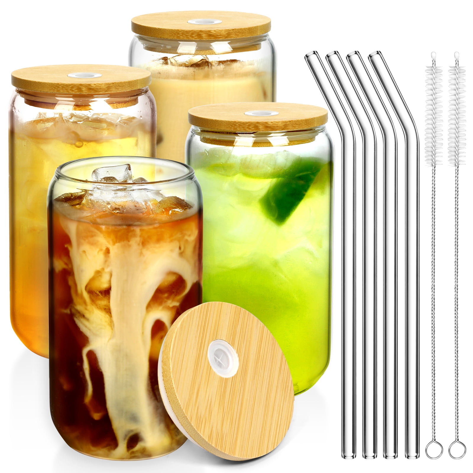 16oz Can Shaped Glass Cups with Bamboo Lids and Straw - Set of 4 with ...