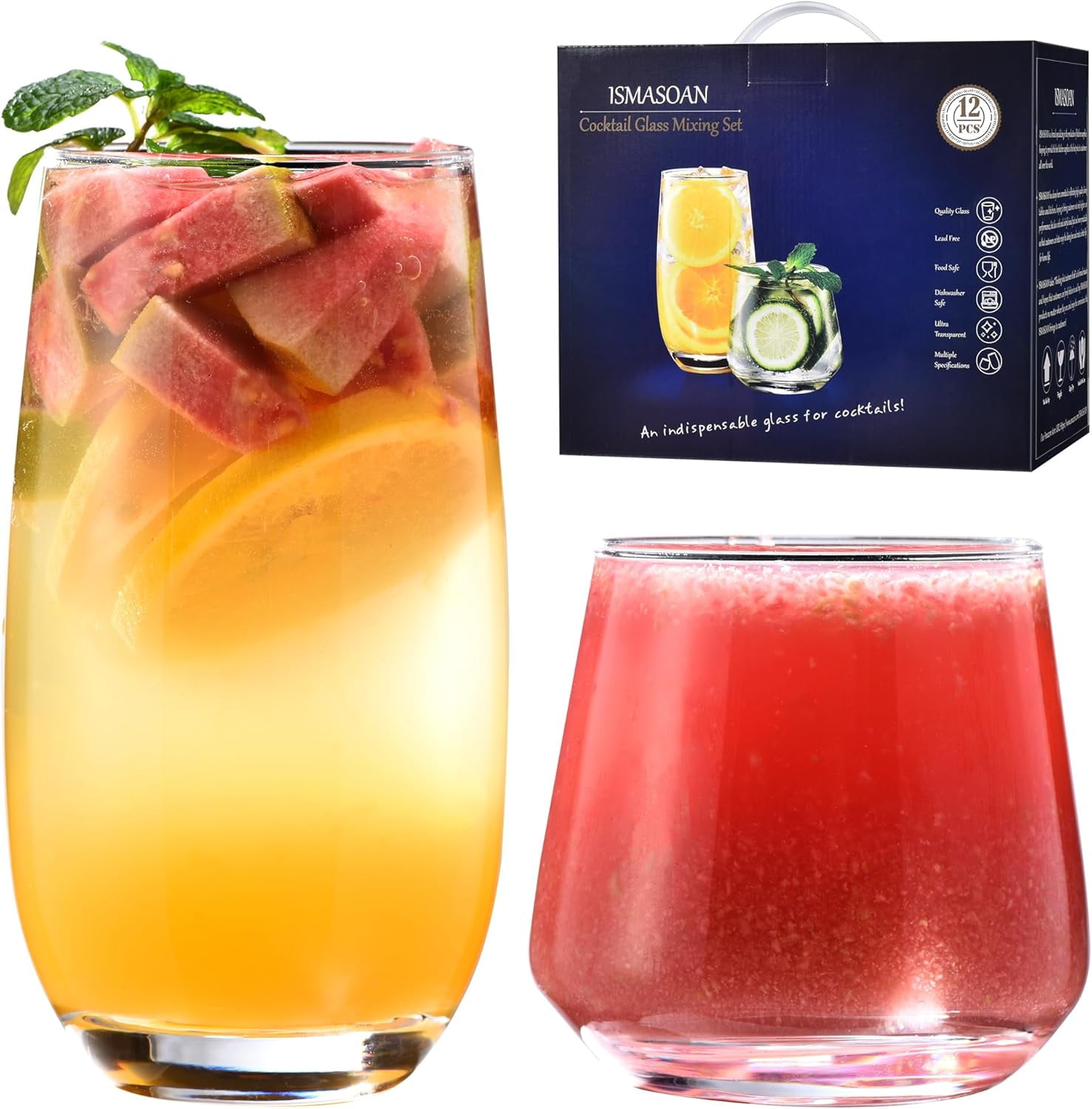 Drinking Glasses Set of 12-6 Tall Glass Cups 17 oz and 6 Short Stemless ...