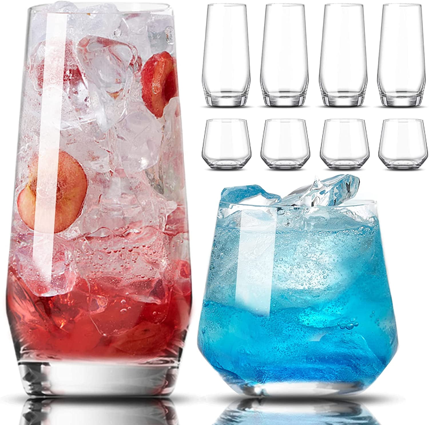 Drinking Glasses Set of 8-4 Tall Glass Cups 18 oz & 4 Short Stemless ...