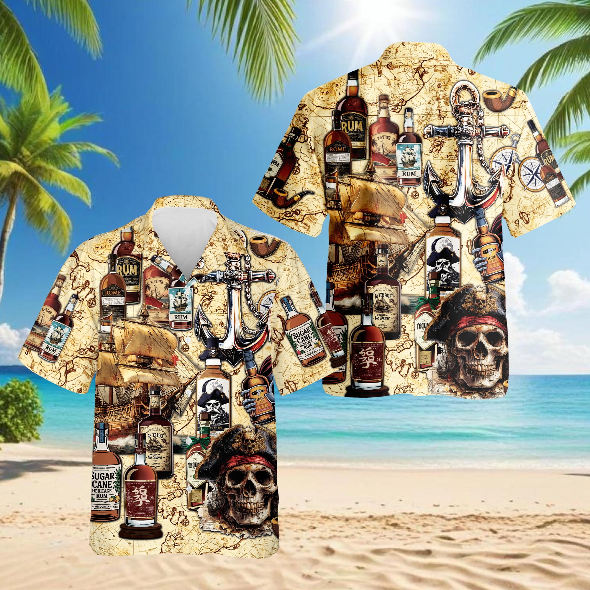 Drinking Rum Hawaiian Shirt for Men, Vintage Pirate Style, Button Down ...