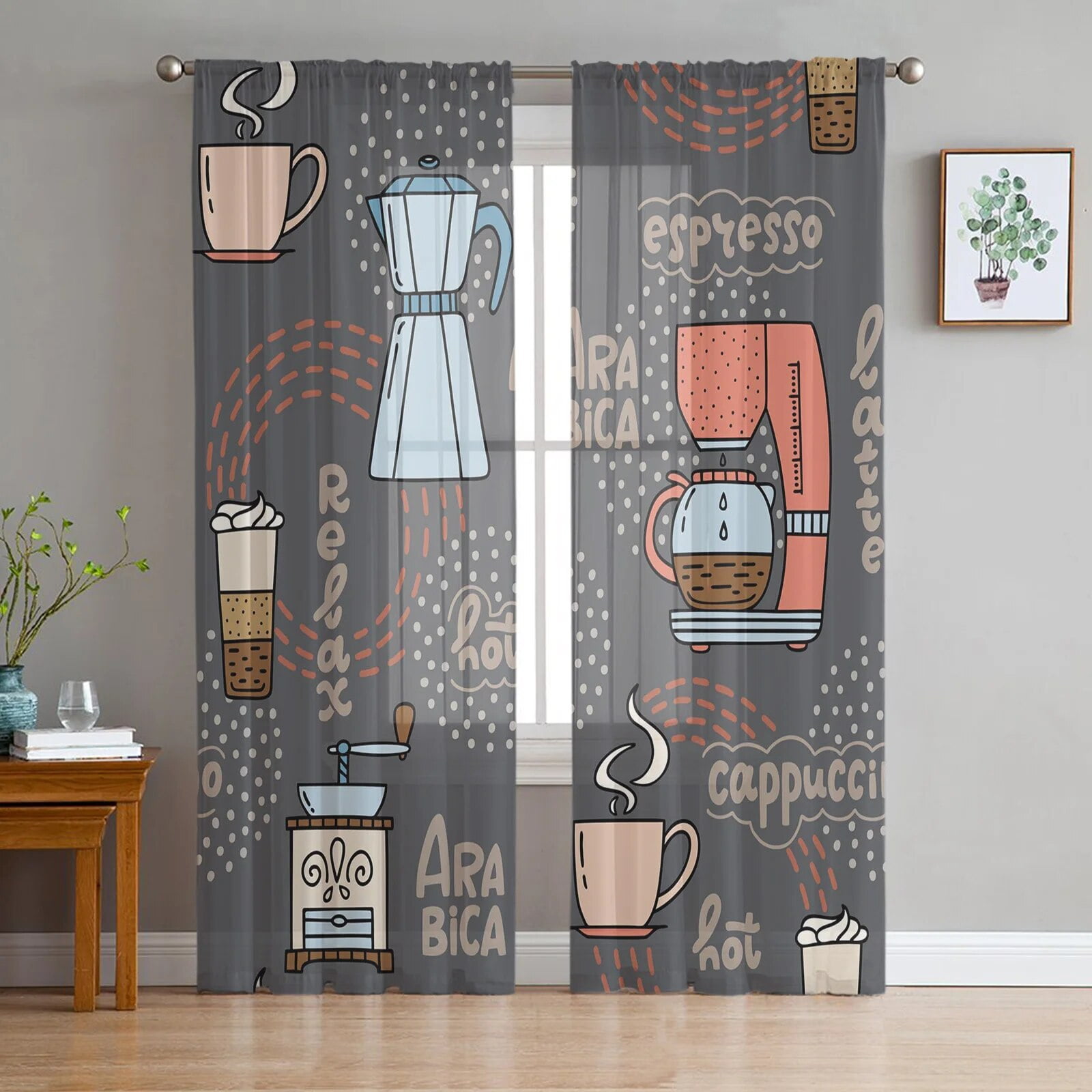 Drinks Coffee Cup Grinder Tulle Curtains for Living Room Bedroom Sheer ...