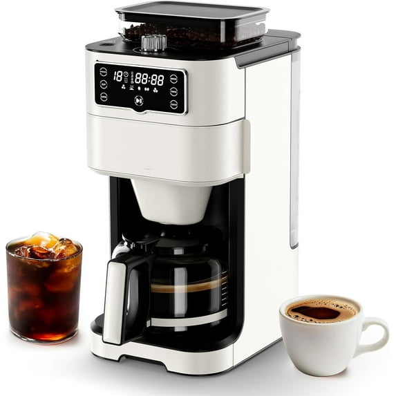 Drip Coffee Maker with Built-in Grinder, 10-Cup Coffee Machine with 24 ...