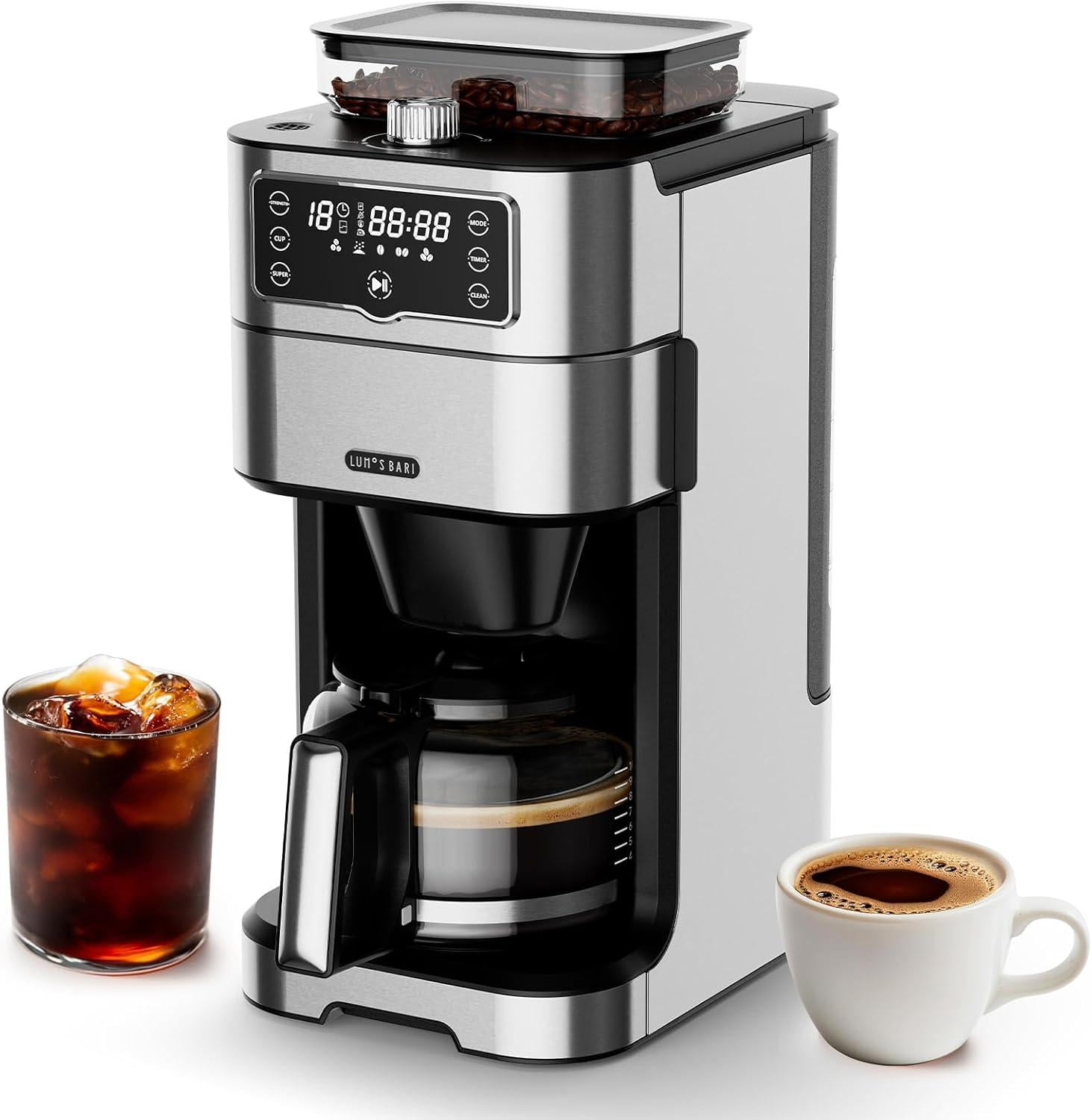 Drip Coffee Maker with Built-in Grinder, 10-Cup Coffee Machine with 24 ...