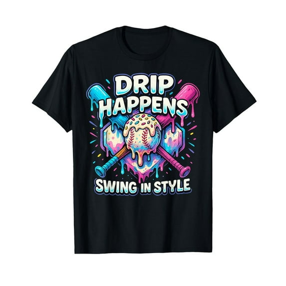 Drip Happens Swing in Style Baseball T-Shirt with Colorful Dripping Bat and Ball Graphic ...