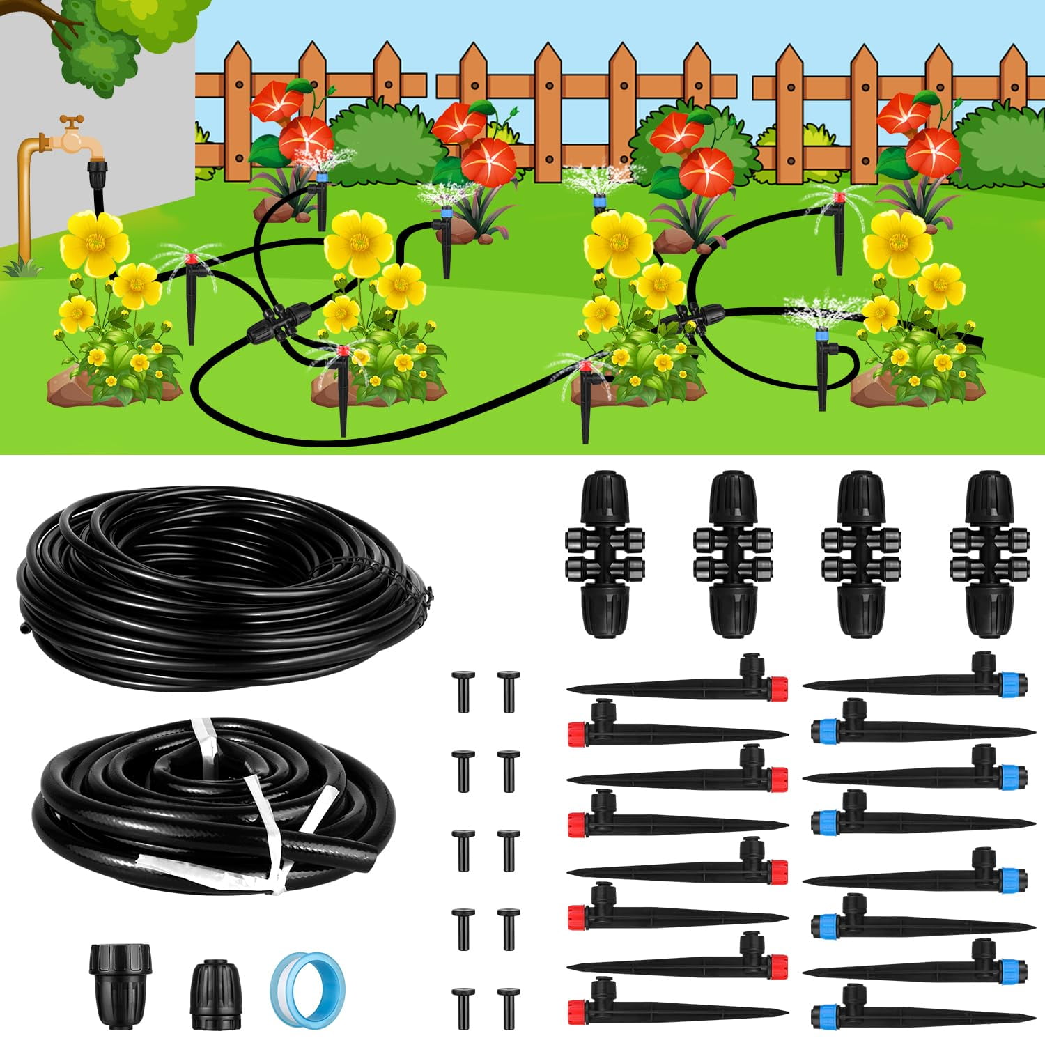 Drip Irrigation System,16Ft+78Ft Connector MMF7 Micro Garden Watering ...