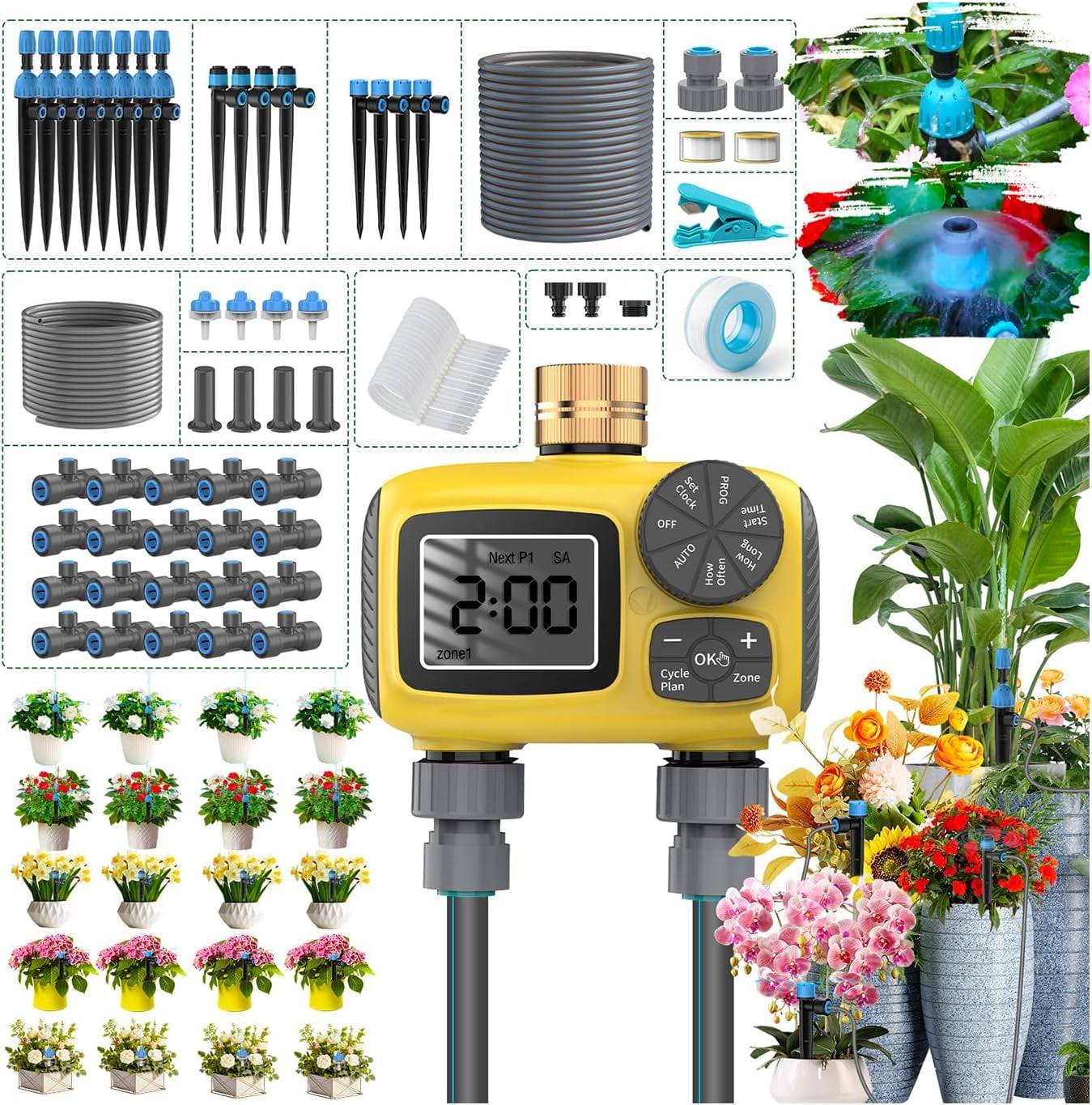 Drip Irrigation System Kit with Automatic Water Timer 2 Zone 150FT,New ...