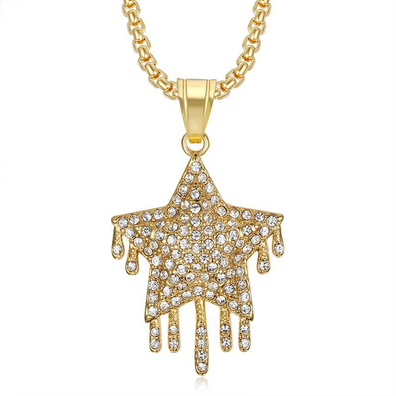 Drip Star Pendant Necklace 14K Yellow Gold Bling Cubic Zircon Men's Hip ...