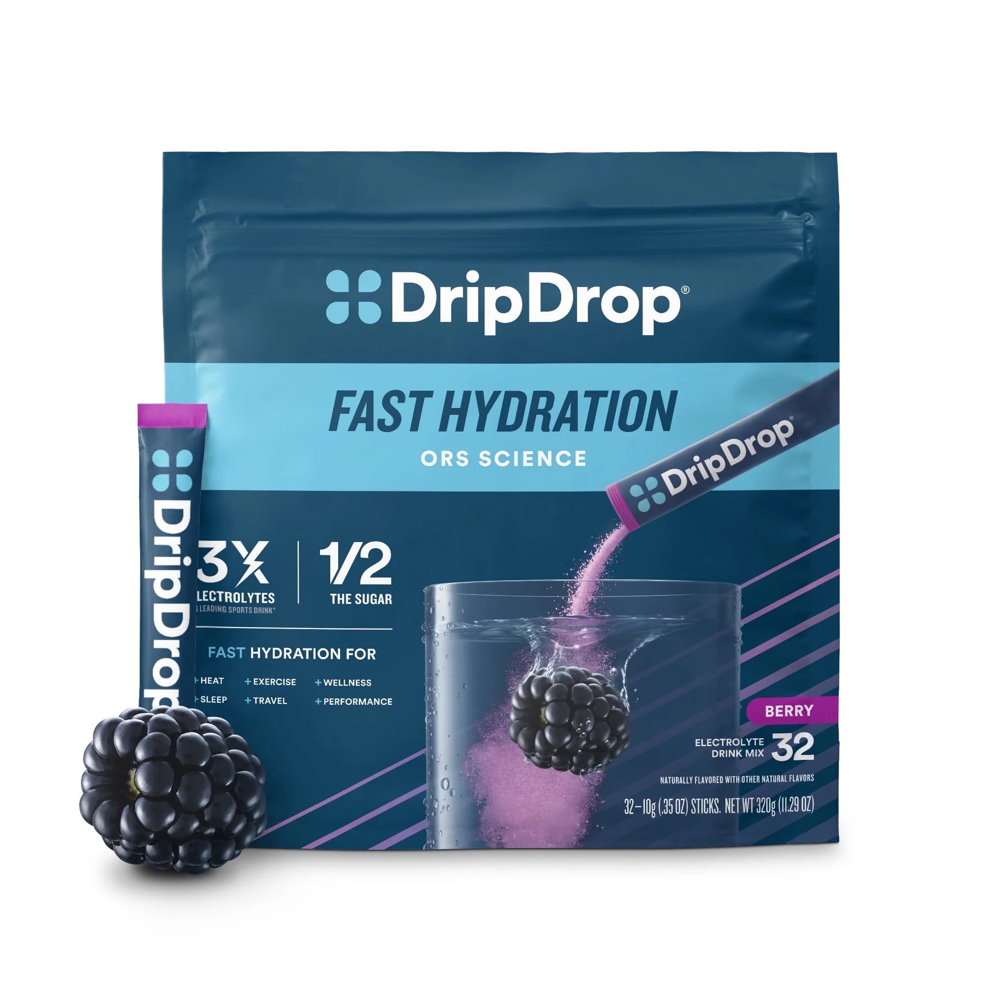DripDrop Electrolyte Powder Drink Mix, Fast Hydration, Berry Flavor, 32 ...