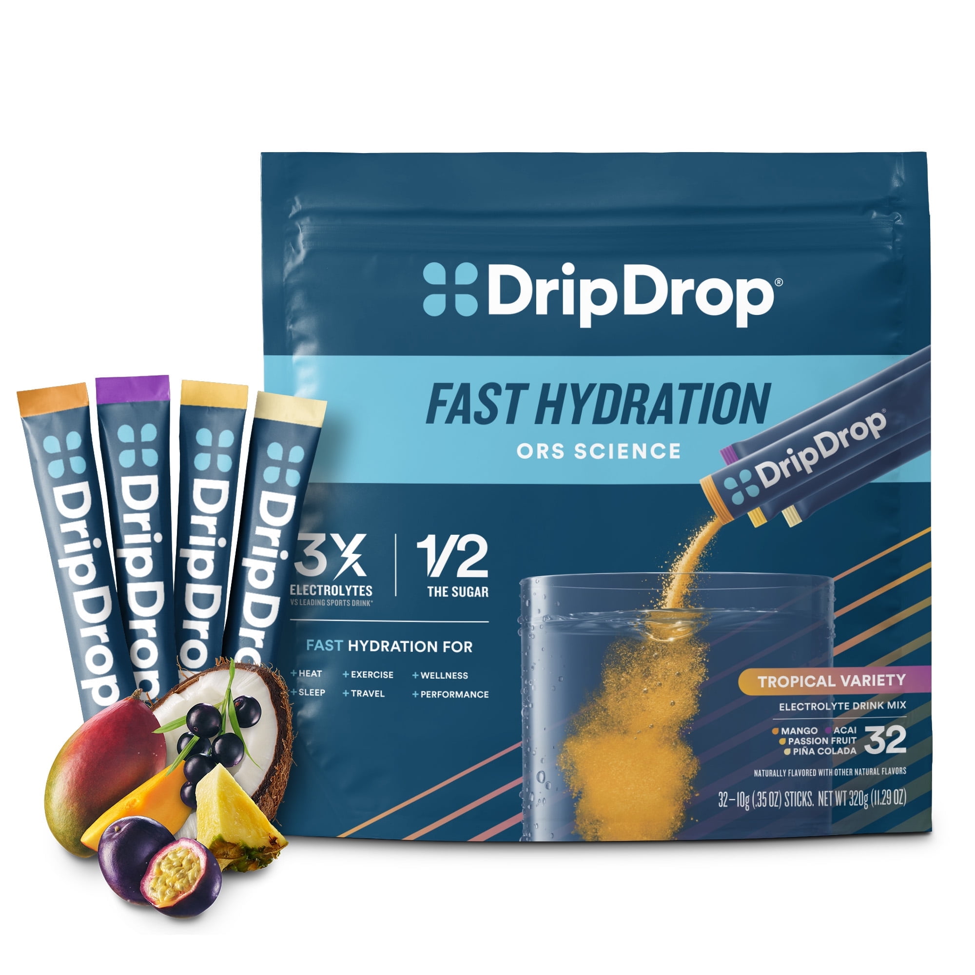 DripDrop Electrolyte Powder Drink Mix for Fast Hydration, Tropical ...