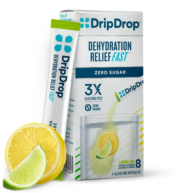 DripDrop Zero Electrolyte Powder Drink Mix for Dehydration Relief Fast, Lemon Lime, 8 Ct ...
