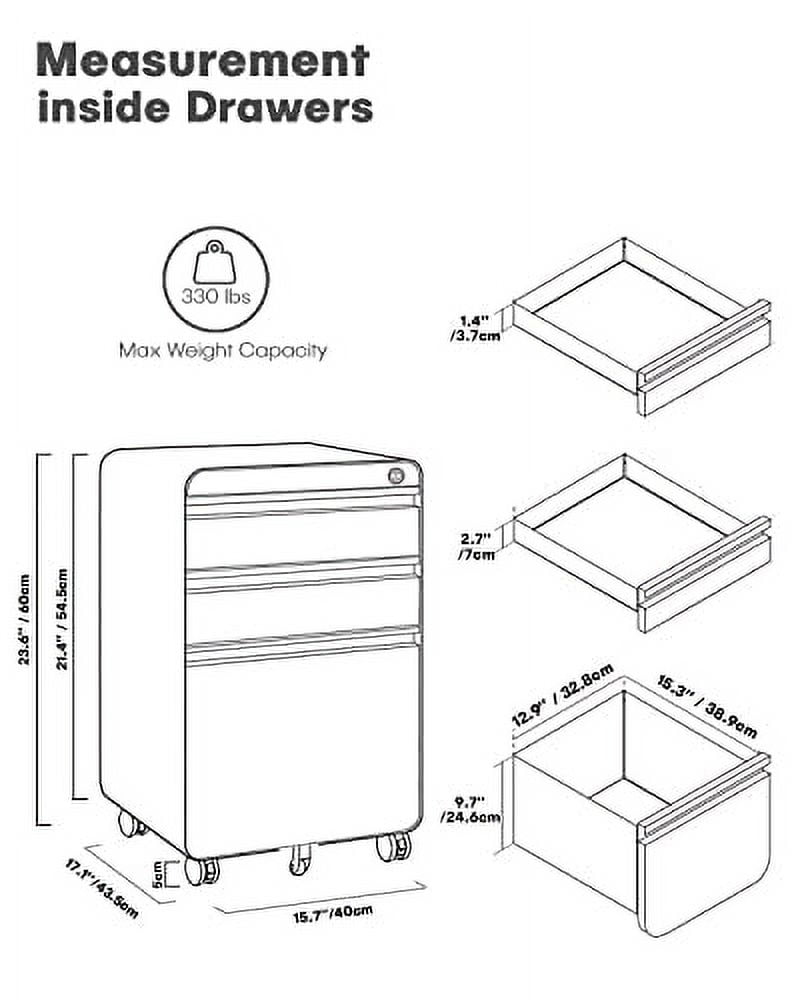Dripex 3 Drawer File Cabinet, Metal Filing Cabinets with Lock Wheels ...