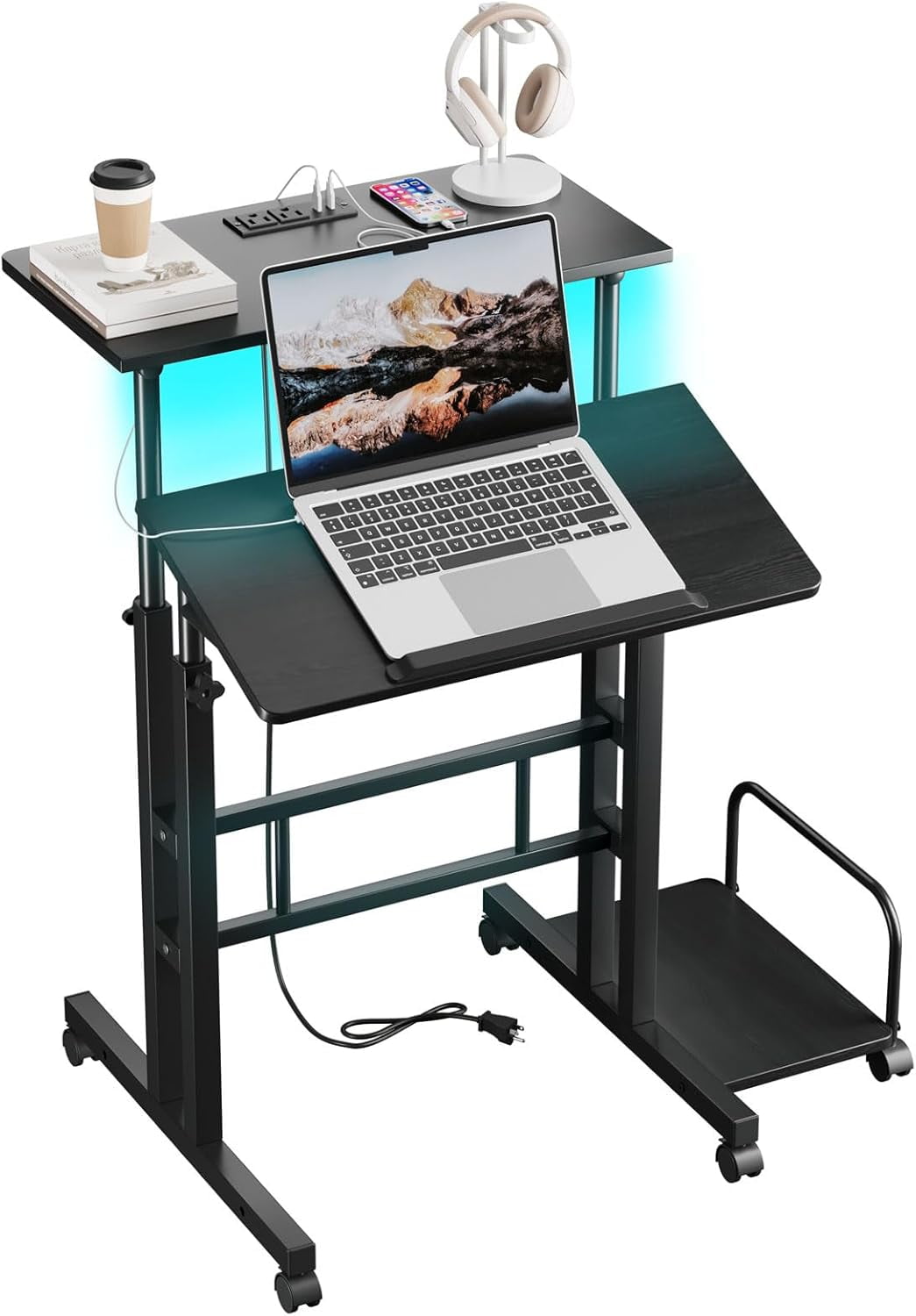 Dripex Mobile Standing Desk with Power Outlets & Strip Lights Rolling ...