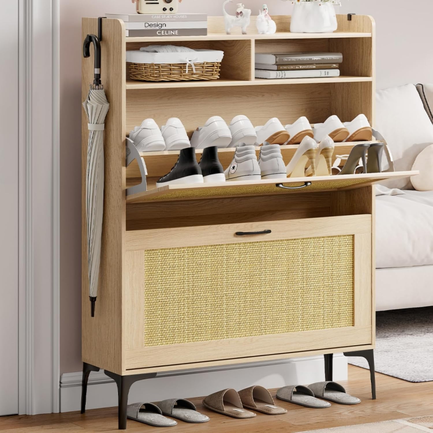 Dripex Space-Saving Boho Rattan Shoe Storage Cabinet for Entryway, with ...