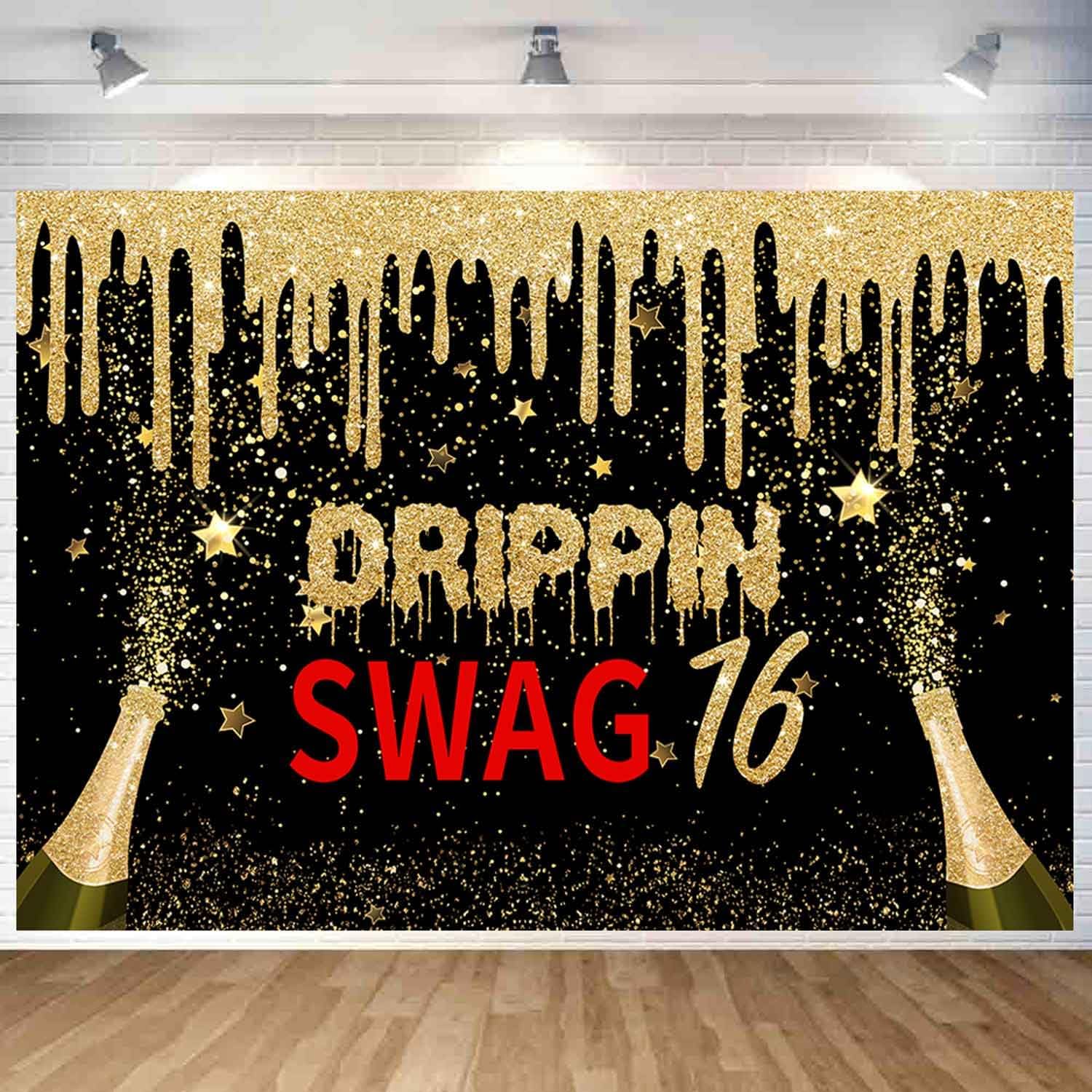 Drippin Swag 16 Birthday Beautiful Backdrop Boys Black Gold Hip Hop ...