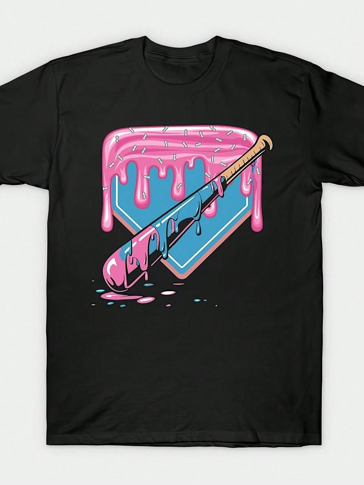Dripping Baseball Bat Tee, Colorful Melt Home Plate Illustration, Bold ...