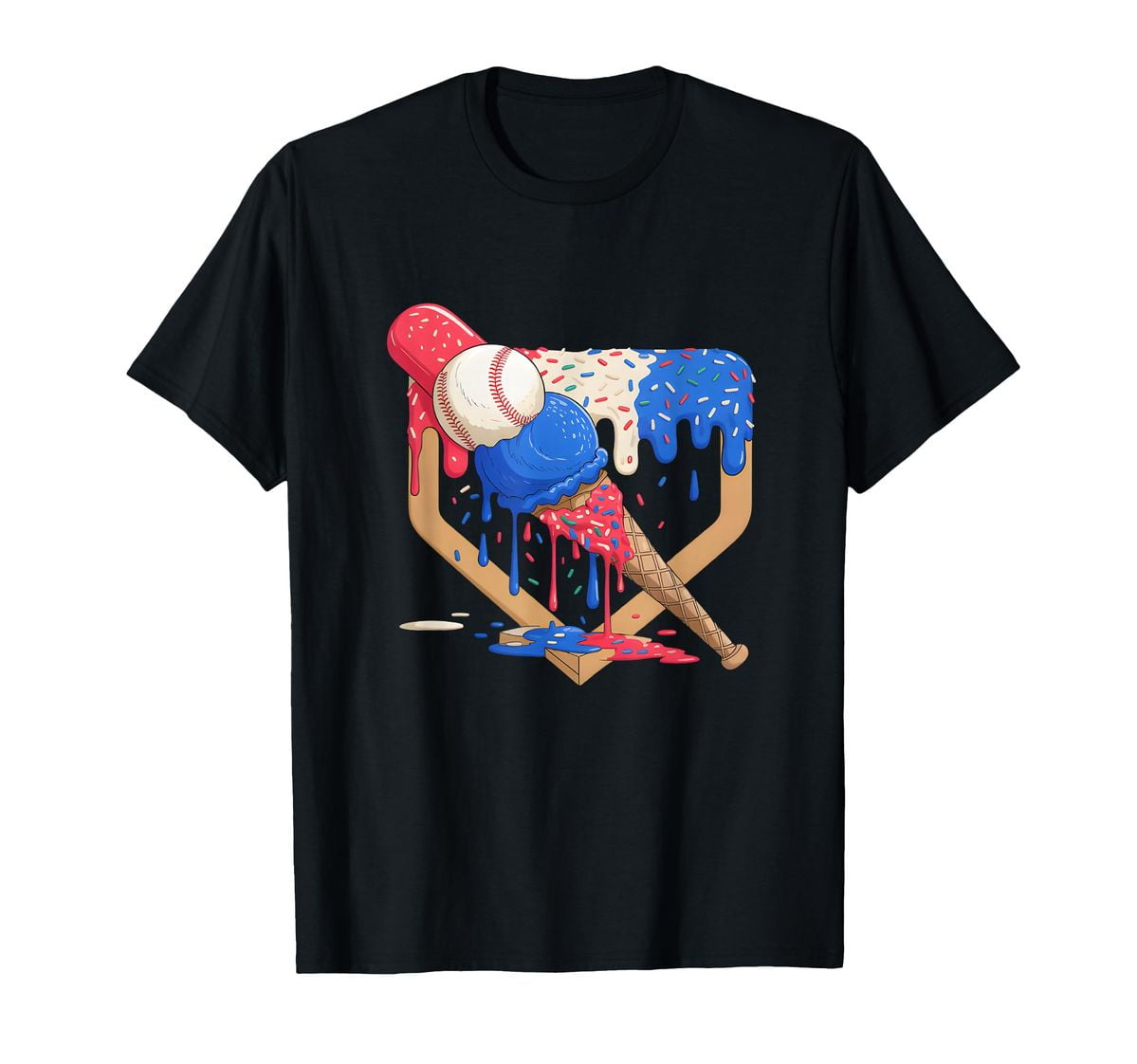 Dripping Baseball Ice Cream Graphic T-Shirt with Bat and Ball Dessert ...