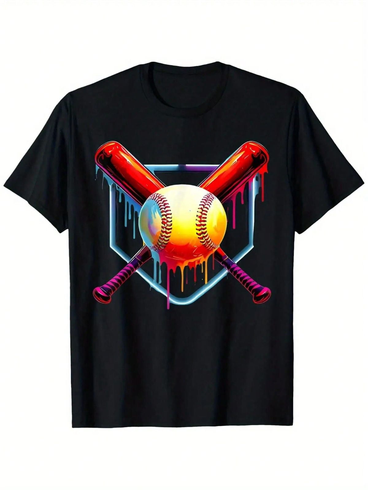 Dripping Baseball Shield Graphic T-Shirt with Crossed Bats Neon Color ...