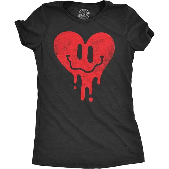 Dripping Red Heart Smiley Face Graphic Women Short Sleeve Casual Tee ...