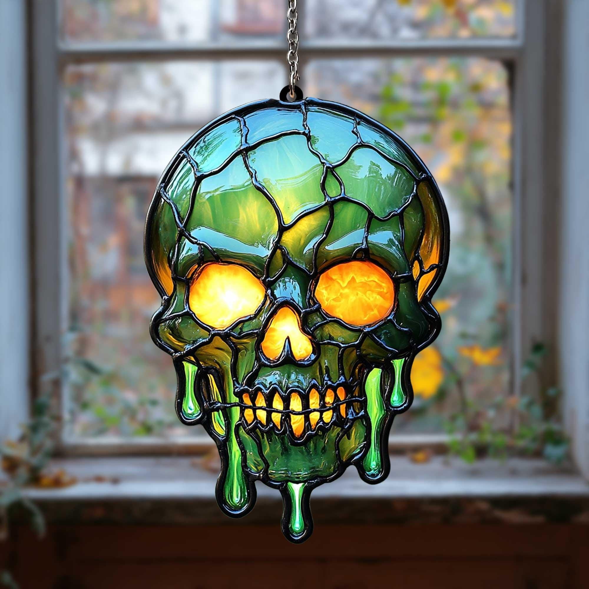 Dripping Toxic Skull Wavy Acrylic Suncatcher, Green Faux Wavy Acrylic ...