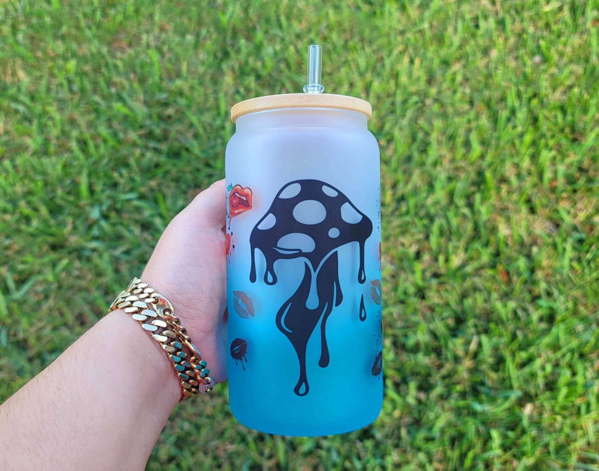 Drippy Mushroom Beer Can Glass With Kisses all over | Custom Cup with ...