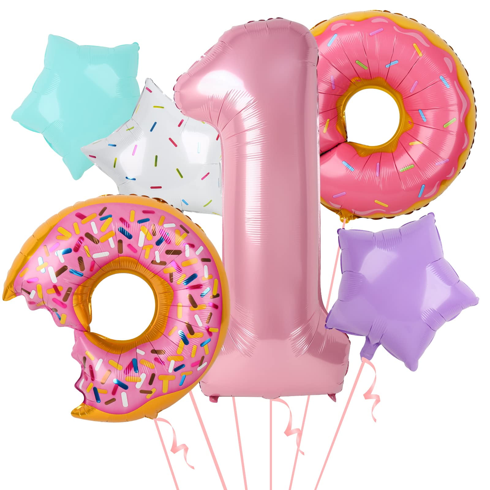 Dripykiaa 6 Pcs Donut Balloon Bouquet KKS1 40” Pink Year Old Balloon Set for First Birthday ...