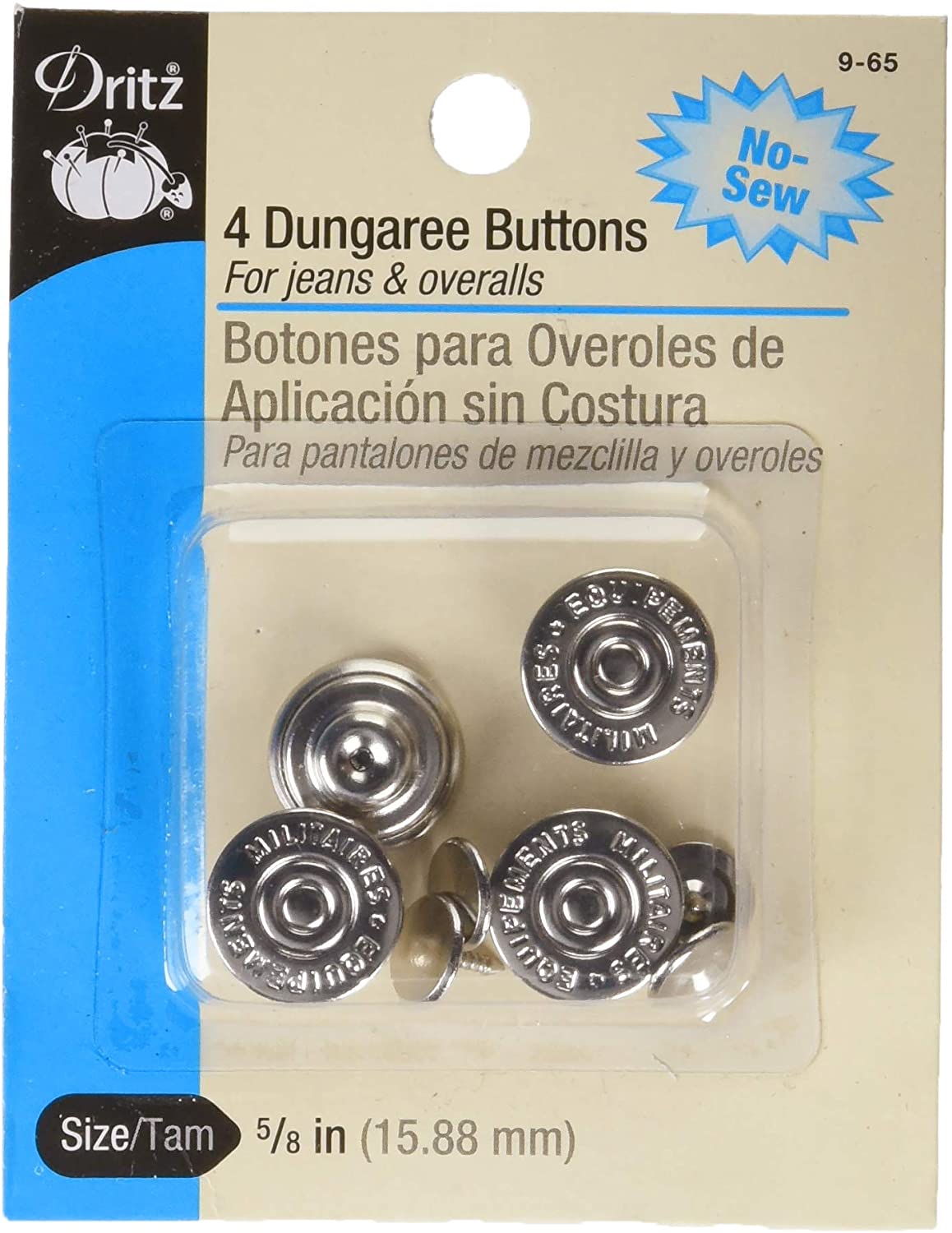 Dritz 9-65 No-Sew Dungaree Buttons, Nickel, 5/8-Inch 4-Count - Walmart.com