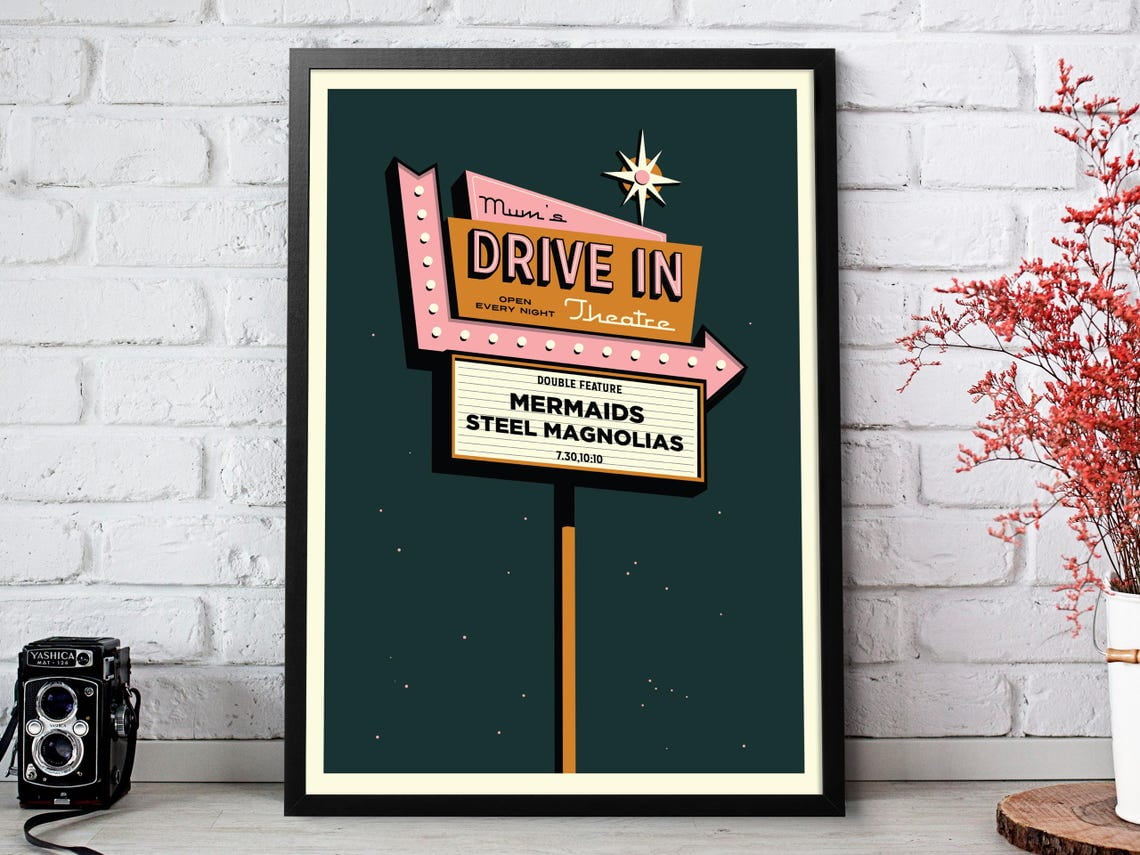 Drive-In Movie Personalised Print Retro American Sign Favourite Film ...